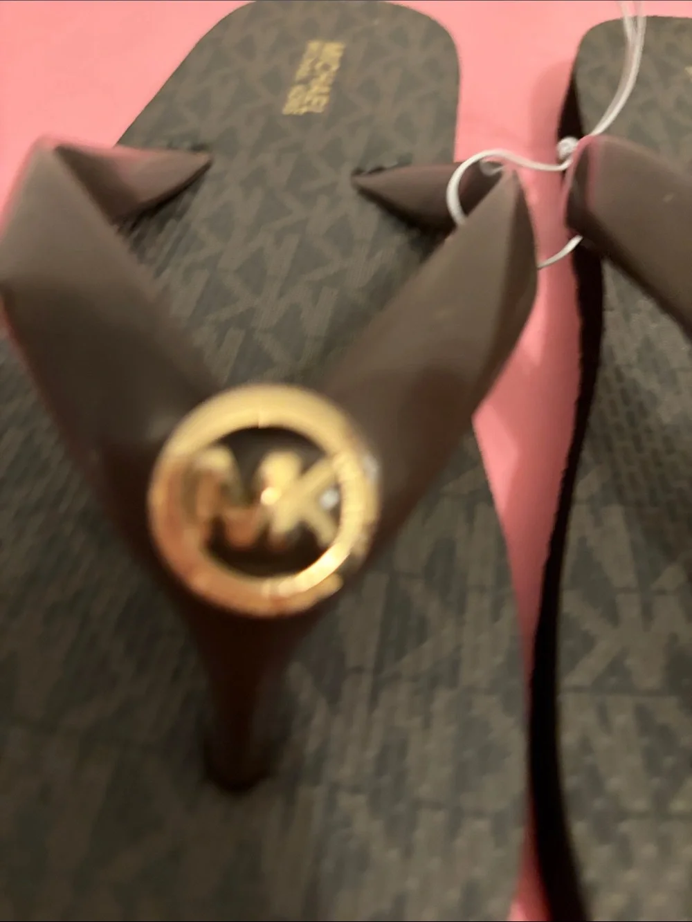 Michael Kors | Shoes | Michael Kors Brown And Gold Mk Logo Thong ...